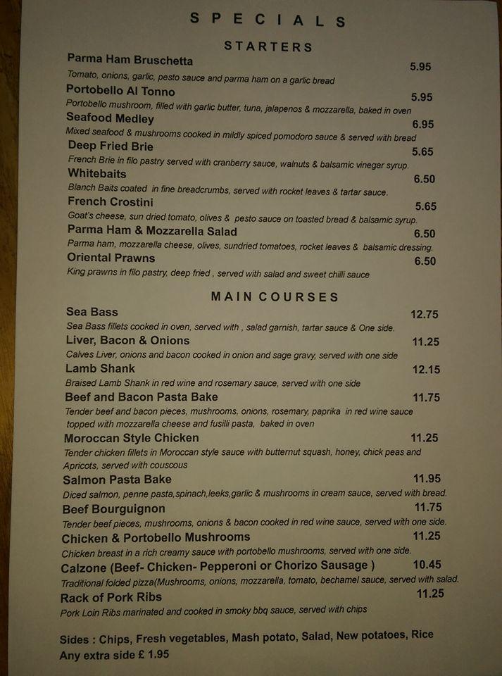 Menu at Cafe Venice, Twickenham