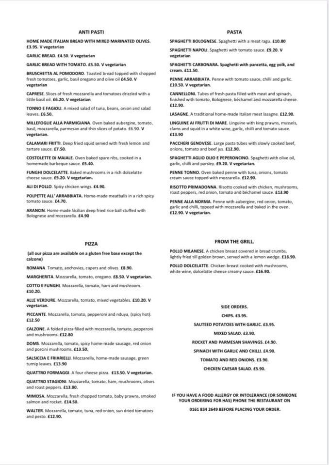 Menu at Dom's Italia restaurant, Manchester