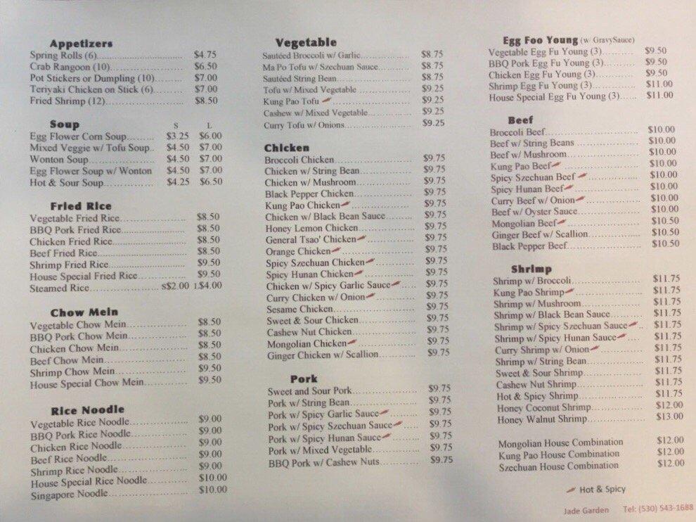 Menu at Jade Garden restaurant, South Lake Tahoe