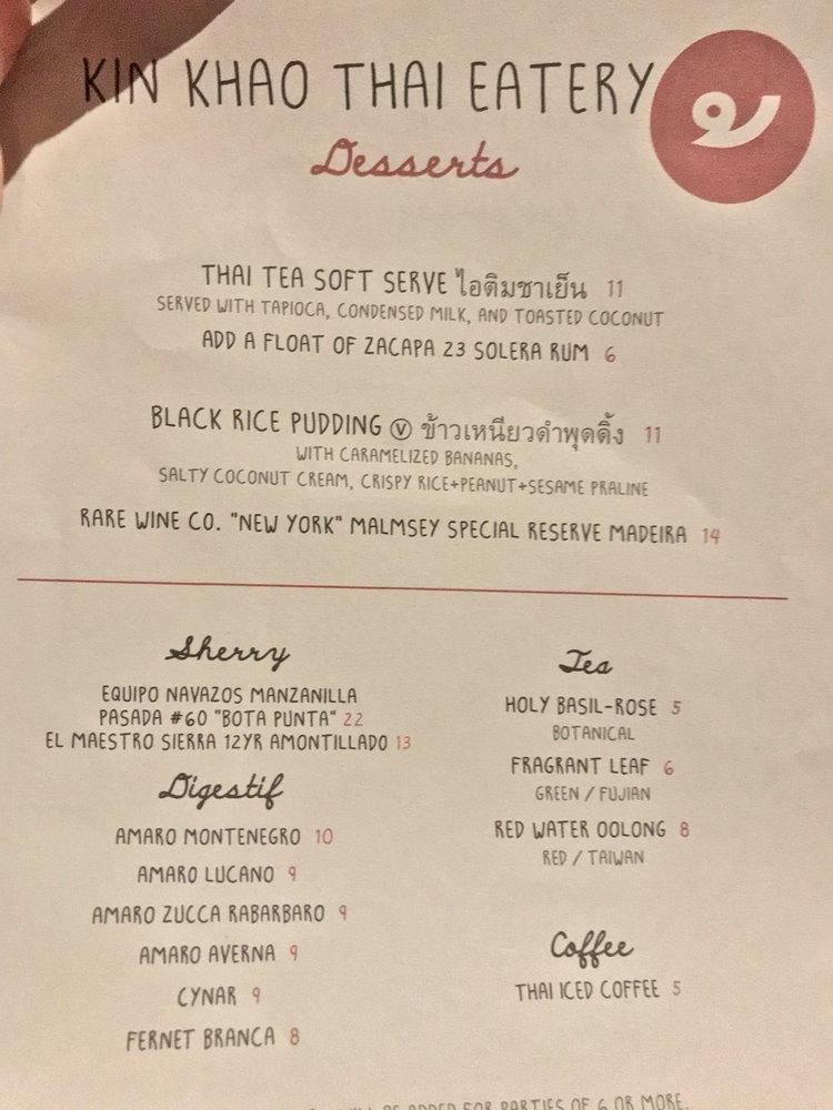 Menu at Kin Khao restaurant, San Francisco