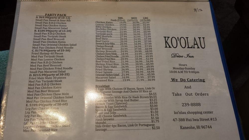 Menu at Koolau Drive Inn restaurant, Kaneohe, 47-388 Hui Iwa St # 13