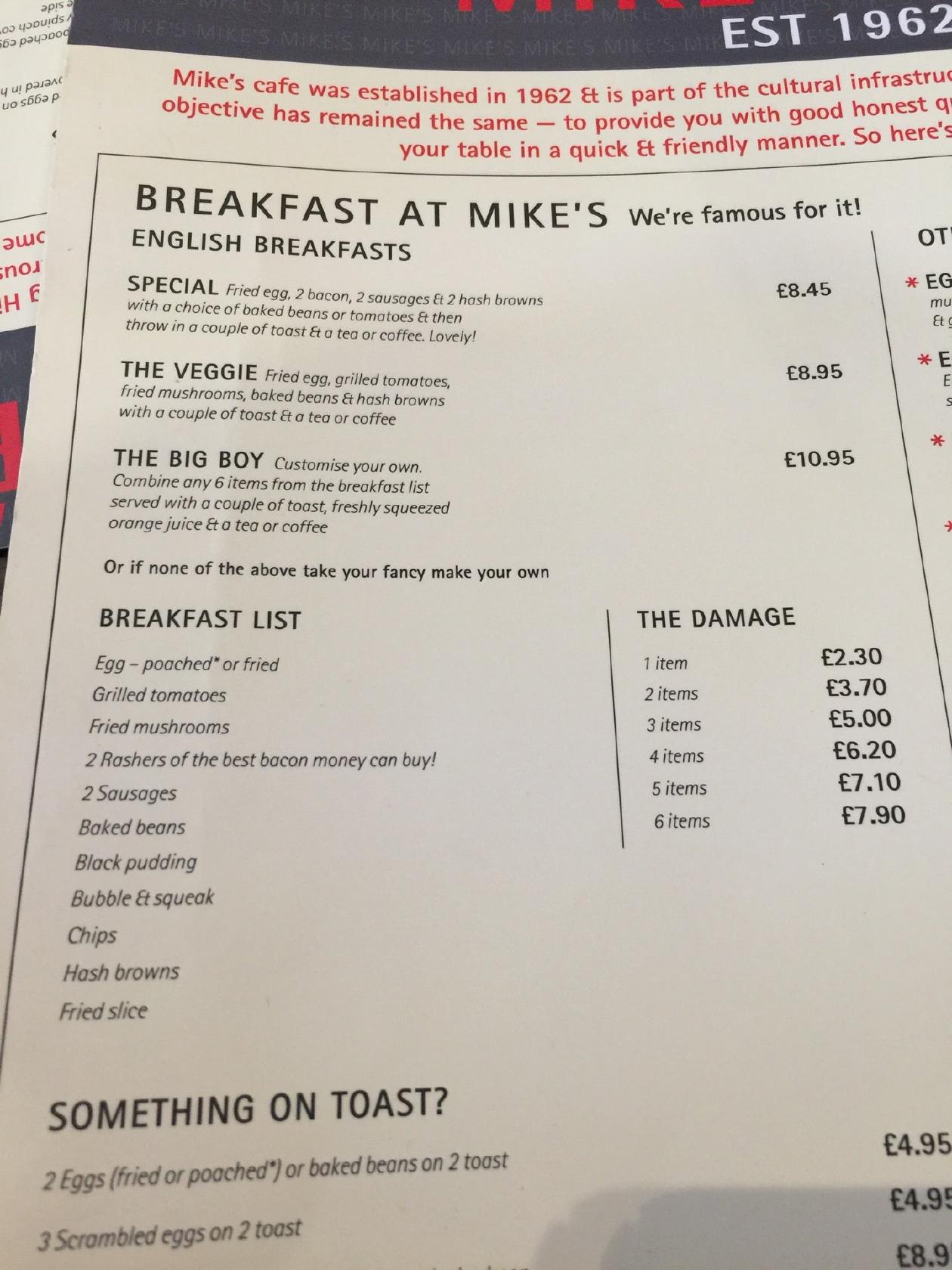 Menu at Mike's Cafe, London