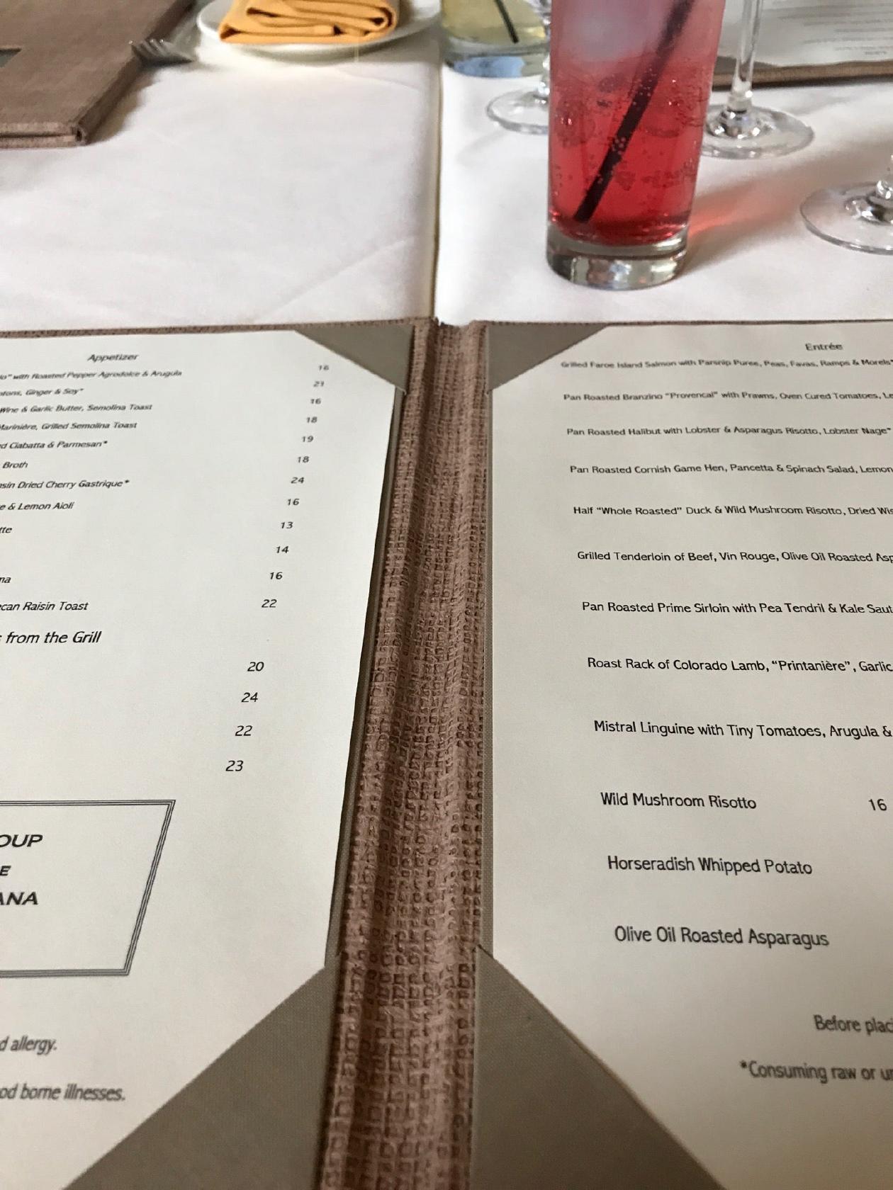 Menu at Mistral restaurant, Boston