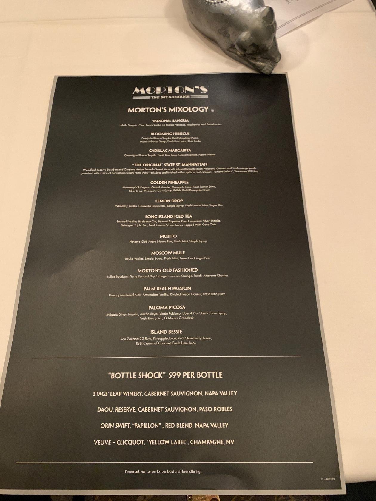 Menu at Morton's The Steakhouse, Atlantic City