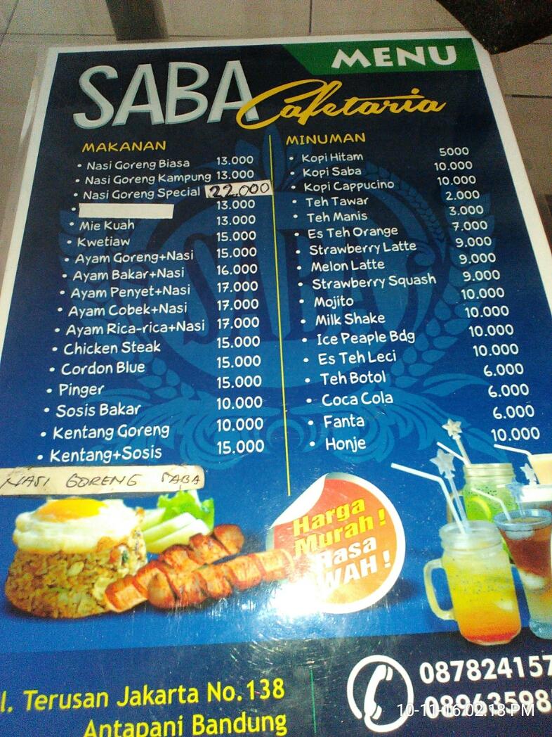 Carta de Saba Cafetaria, Bandung