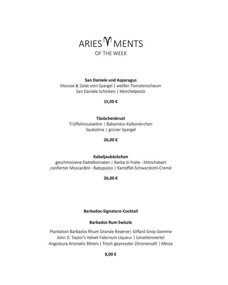 Speisekarte von Aries Restaurant, Leipzig
