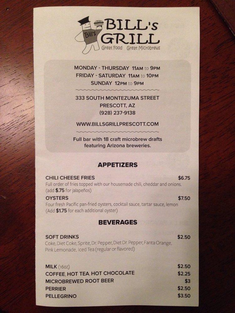 Menu at Bill's Grill restaurant, Prescott