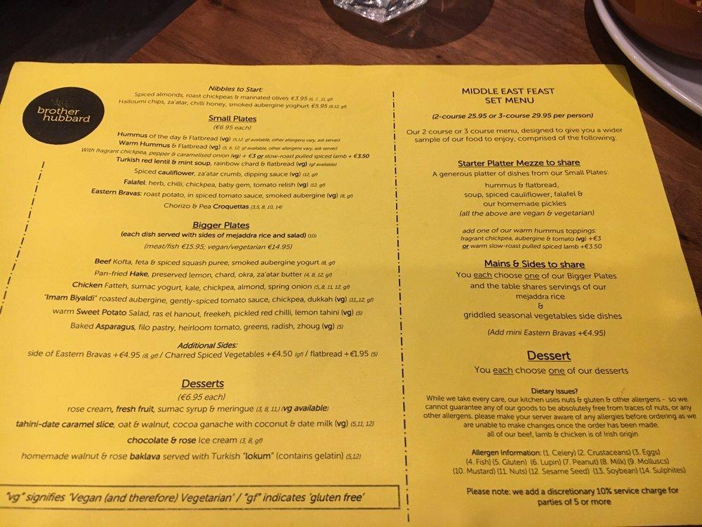 Menu at Brother Hubbard (North), Dublin
