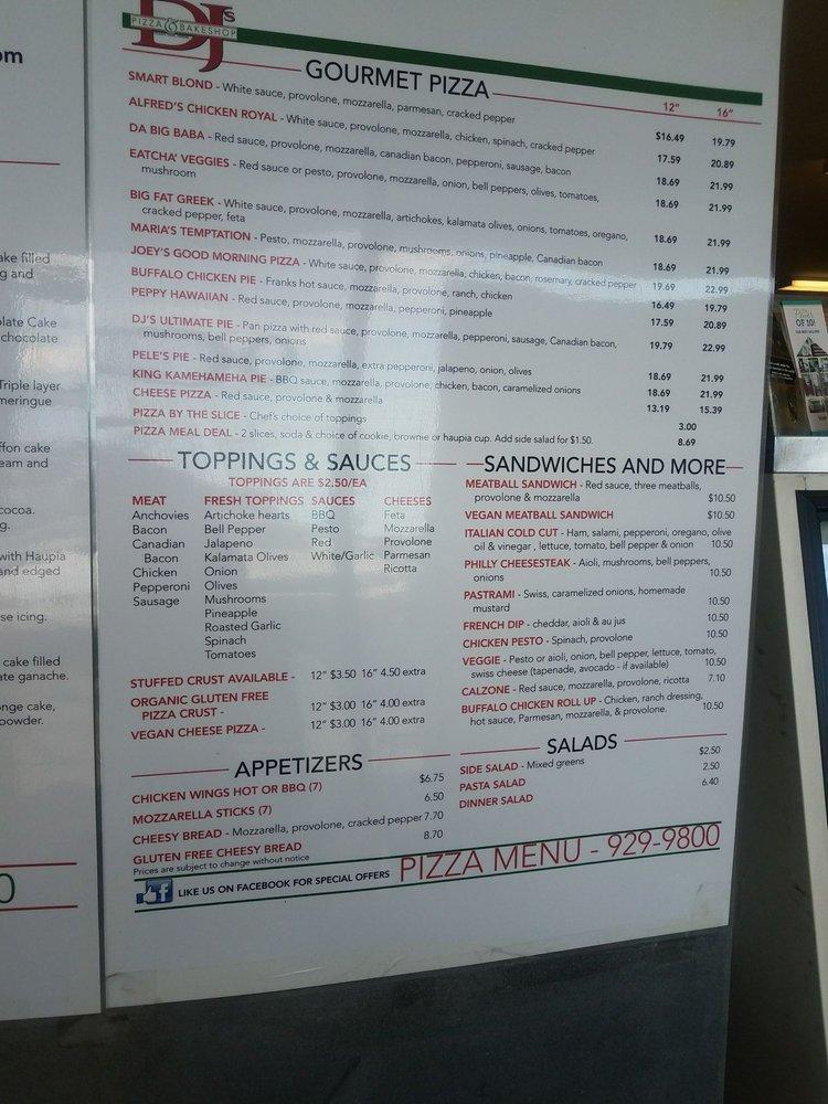 Menu at DJ's Pizza and Bakeshop pizzeria, Ocean View