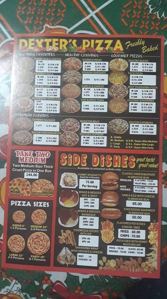 Menu at Dexter's Pizza restaurant, Bacolod, Bata Highway