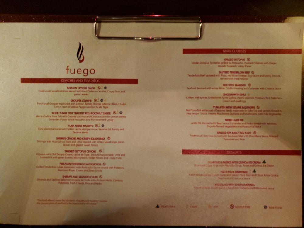 Menu at Fuego restaurant, Playa del Carmen, Calle 5 Nte. 3071