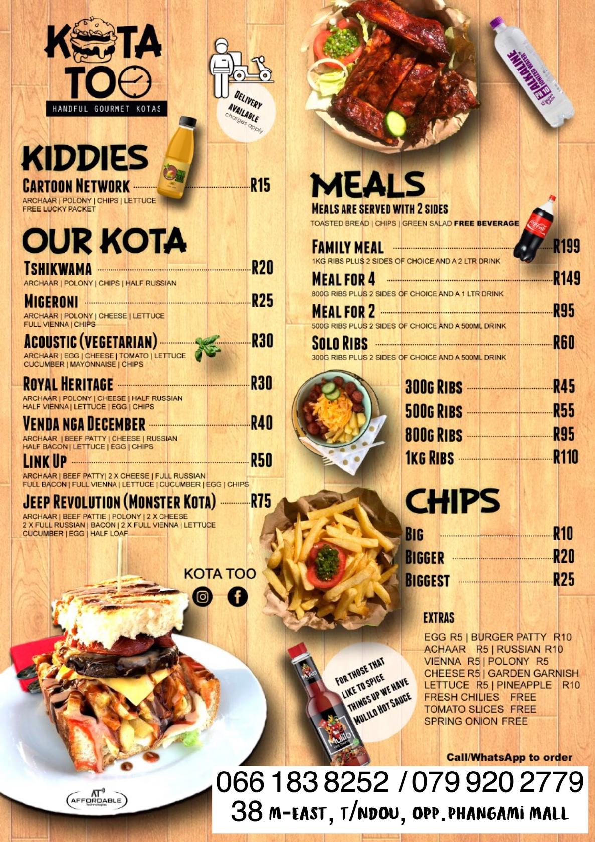 Menu At Kota Too Restaurant Thohoyandou