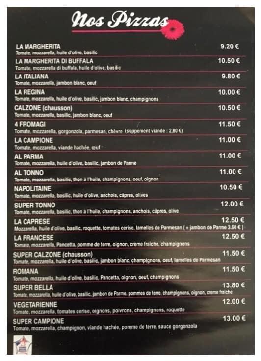 Menu at La Margherita restaurant, La Flèche