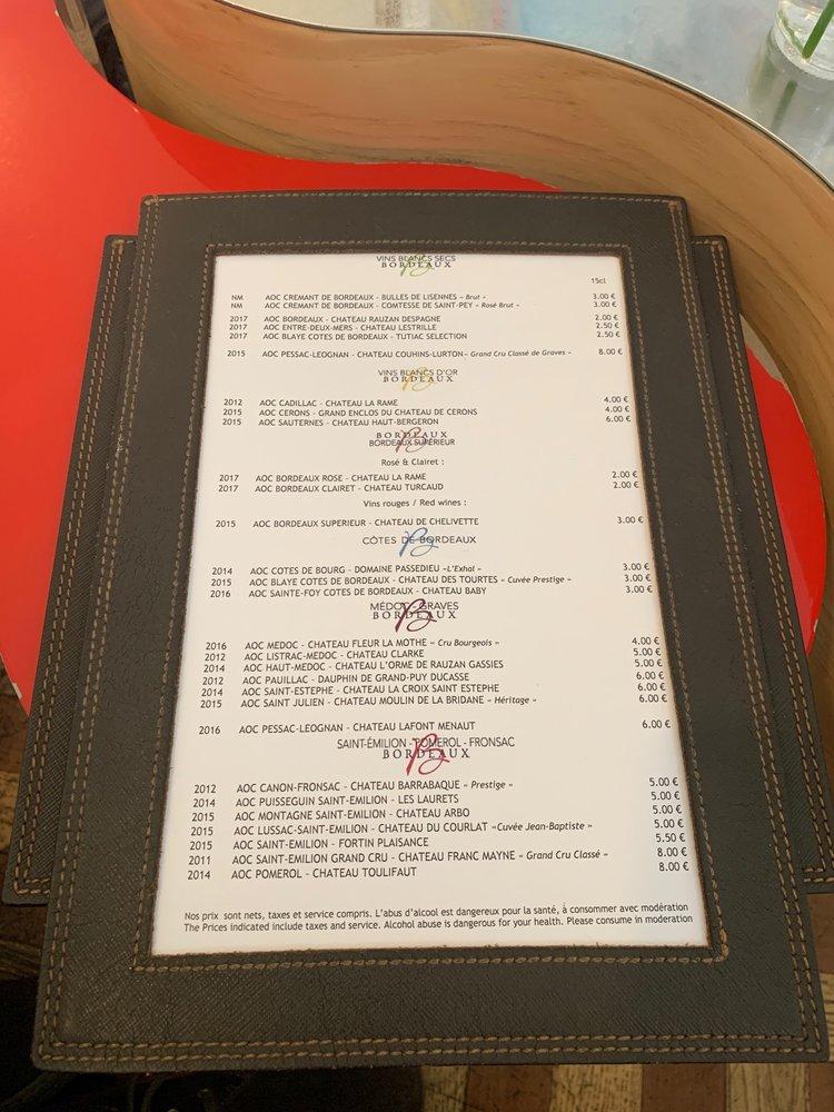 Menu at Le Bar à Vin, Bordeaux