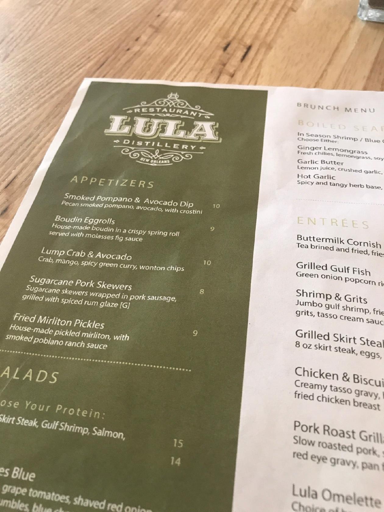 Menu at Lula Restaurant Distillery, New Orleans