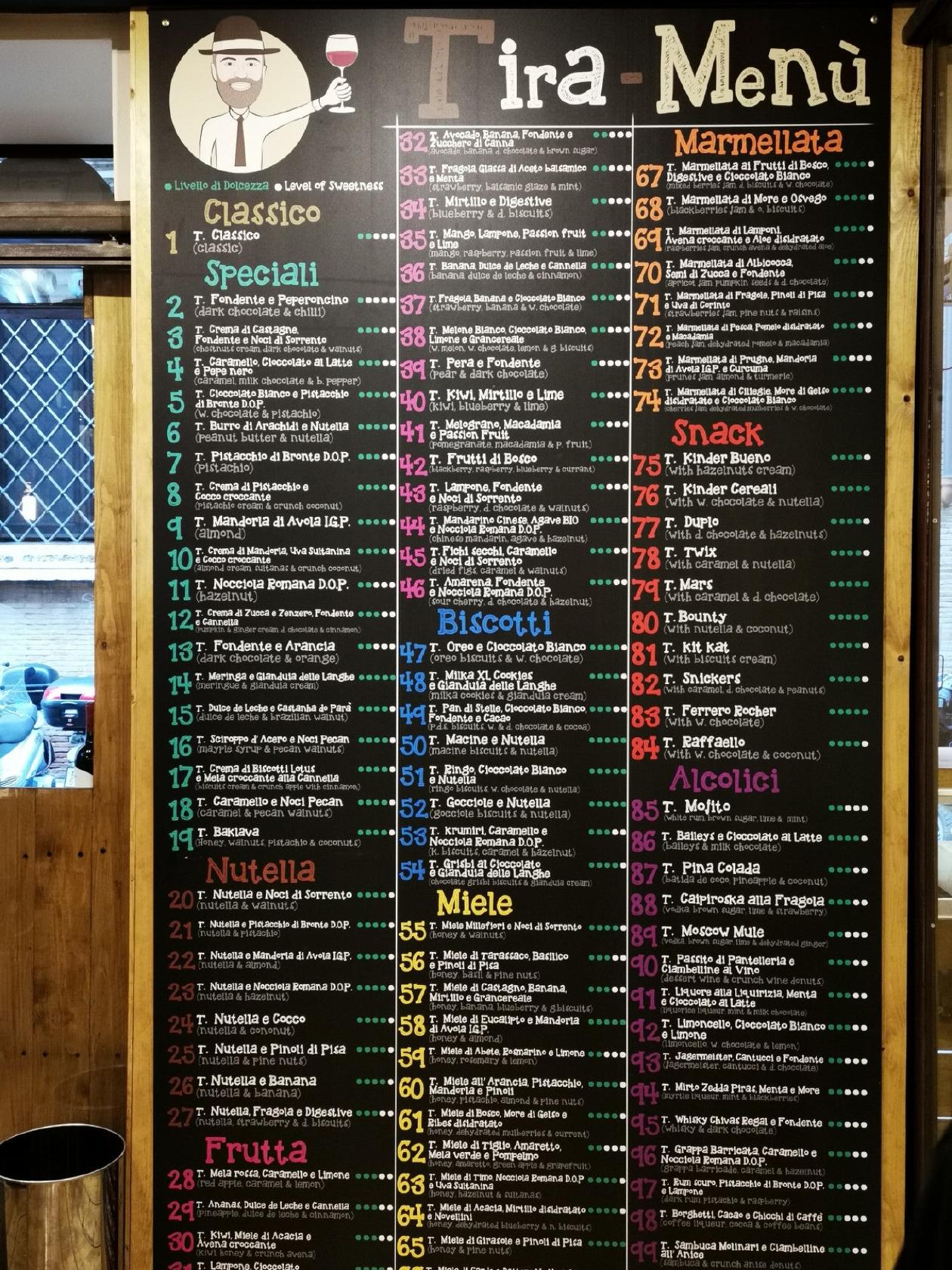 Carta del pub y bar Mr. 100 Tiramisù, Roma, Via dei Sediari