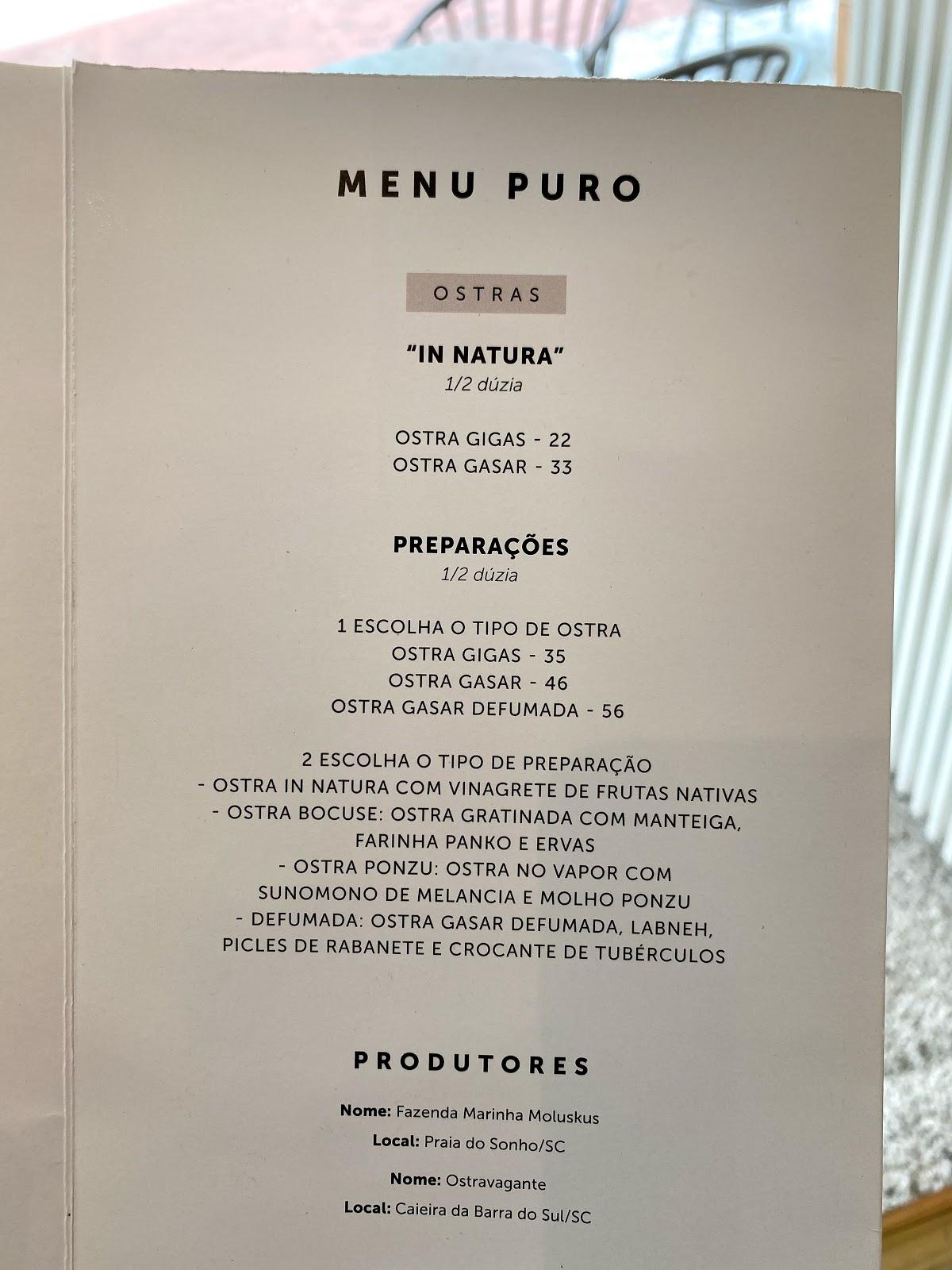 Menu at PURO Oysterbar, Florianópolis