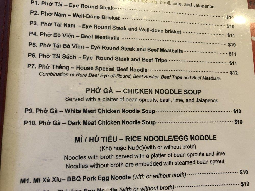 Menu at Phở Thắng Café restaurant, Cleveland