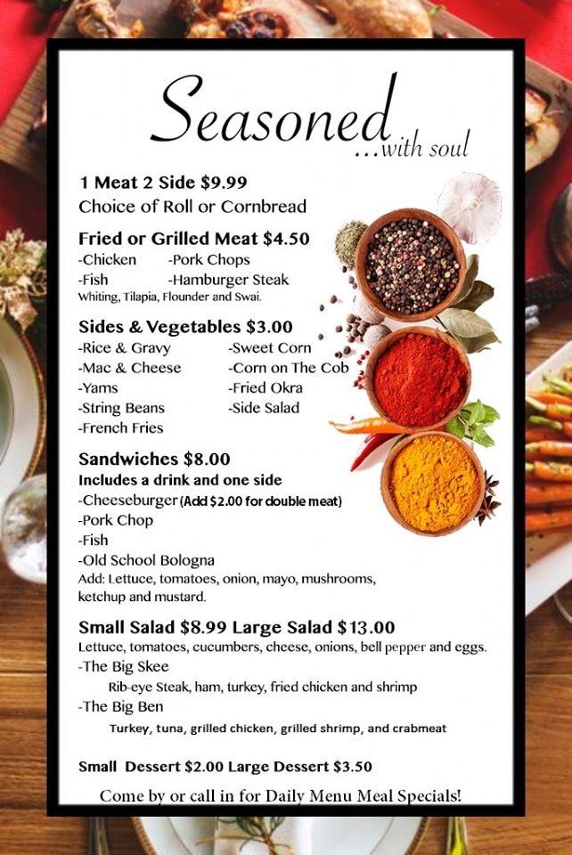 Menu at Seasoned with Soul... restaurant, Columbia