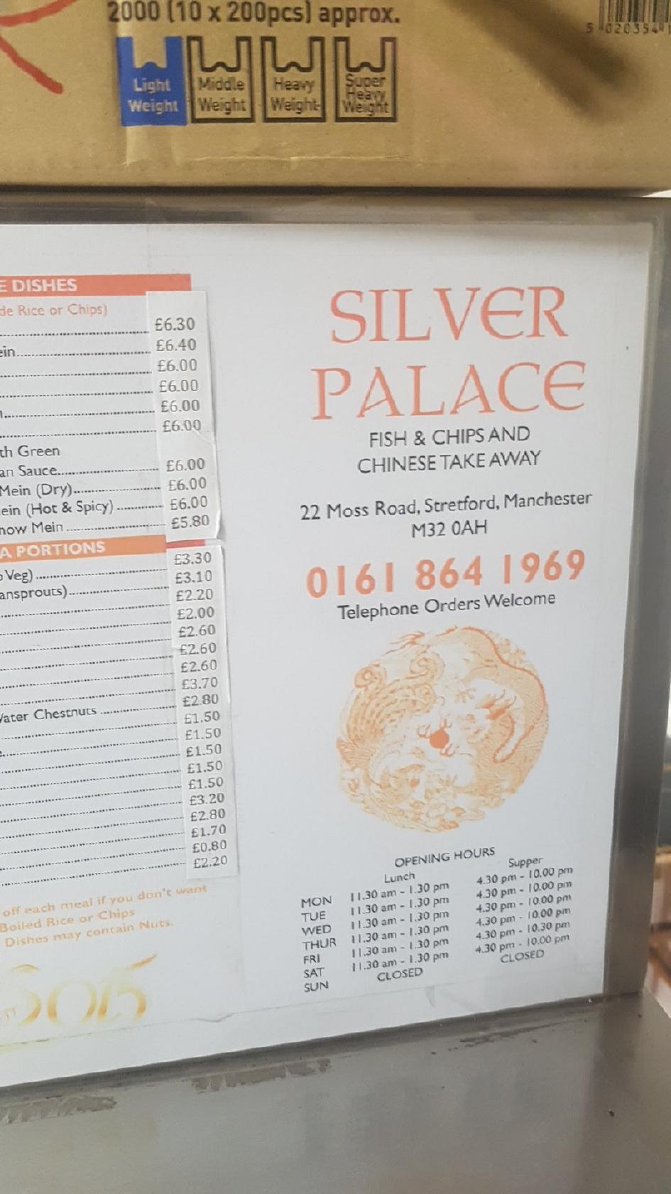 Menu at Silver Palace restaurant, Manchester, 22 Moss Rd