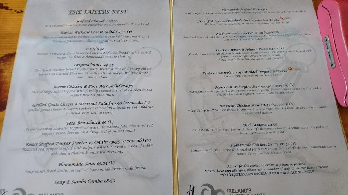 Menu at The Jailers Rest cafe, Wicklow