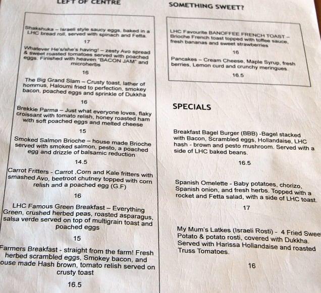 Menu at The Left Handed Chef restaurant, South Melbourne