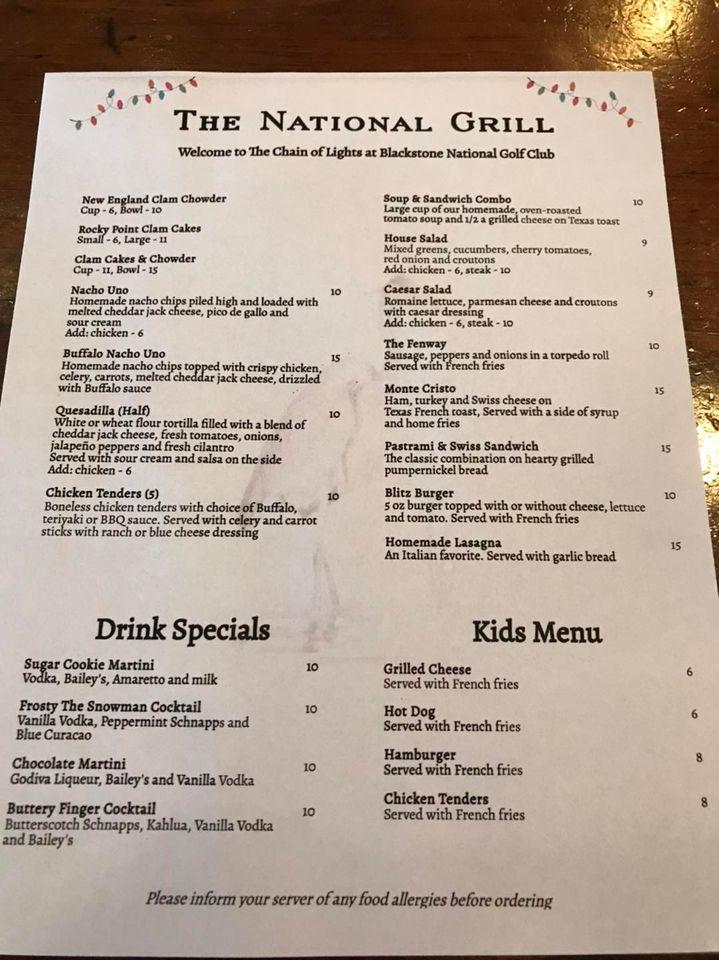 Menu at The National Grill restaurant, Sutton