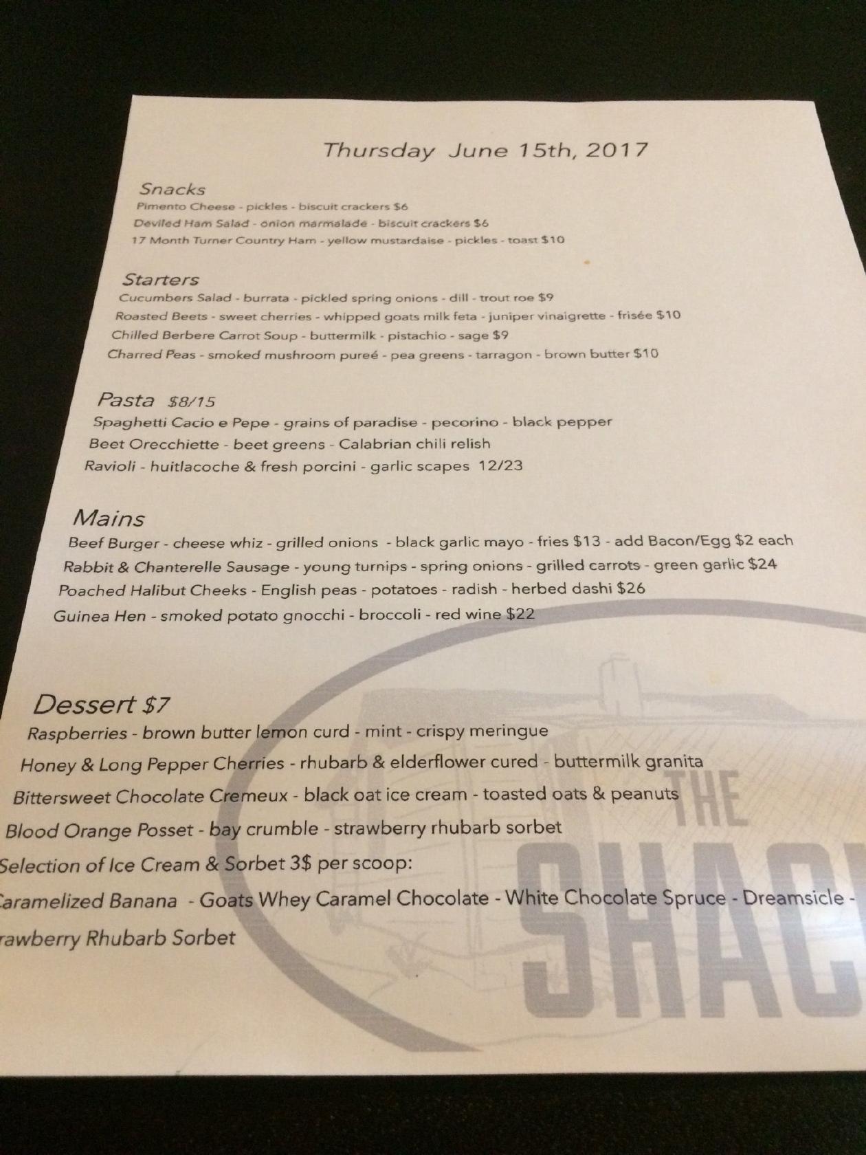 Menu at The Shack restaurant, Staunton