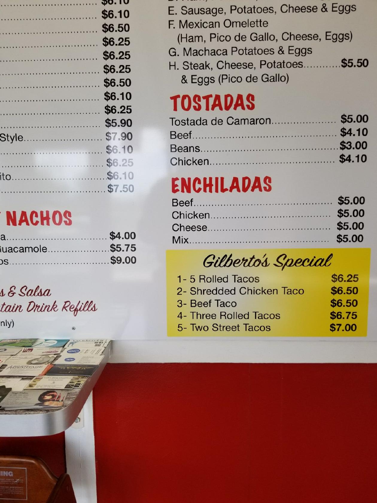 Menu at Gilberto's Tacos Mexican Restaurant, Citrus Heights