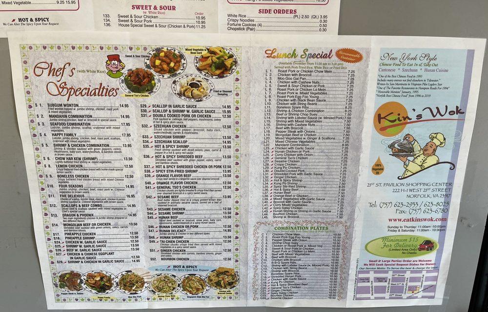 Menu at Kin's Wok In Ghent restaurant, Norfolk, 222 W 21st St H