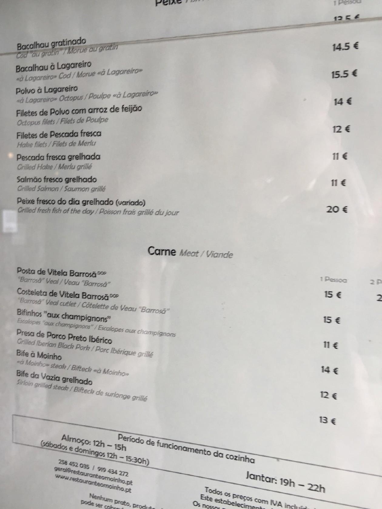 Menu at Restaurante O Moinho, Ponte da Barca