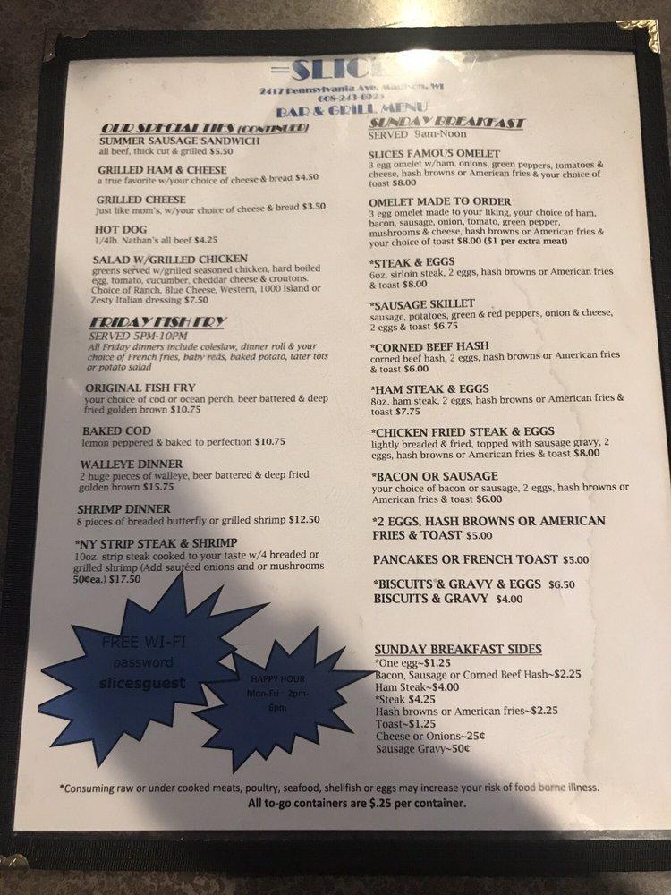 Menu at Slices Bar & Grill, Madison