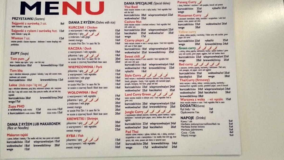 Menu at Thai Pai restaurant, Warsaw