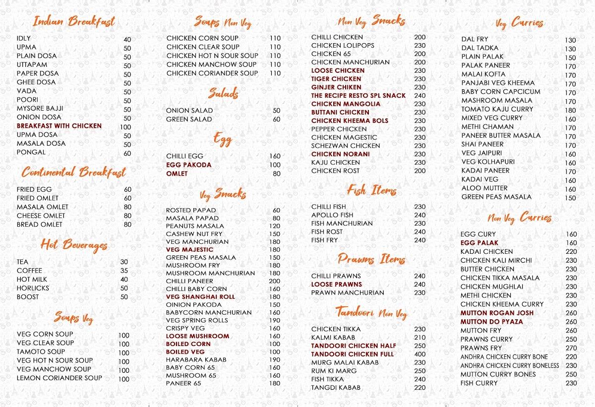 Menu at The Recipe Resto, Vijayawada