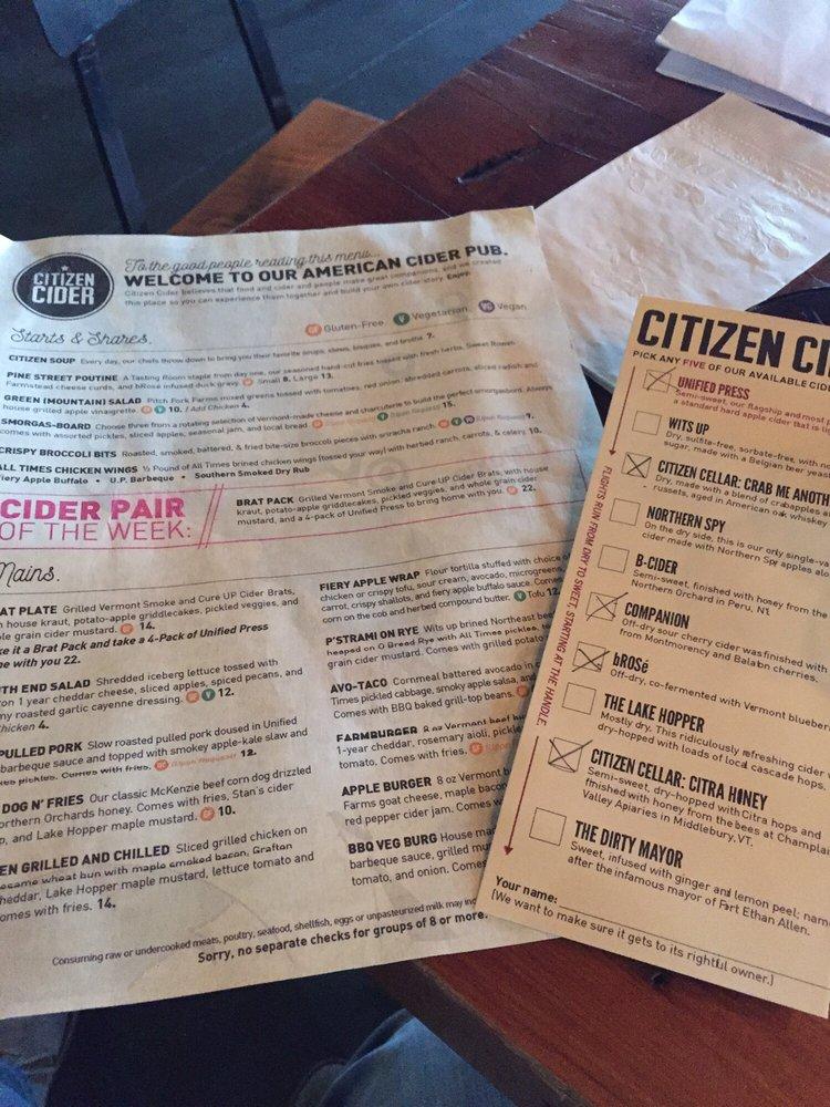 Menu at Citizen Cider pub & bar, Burlington