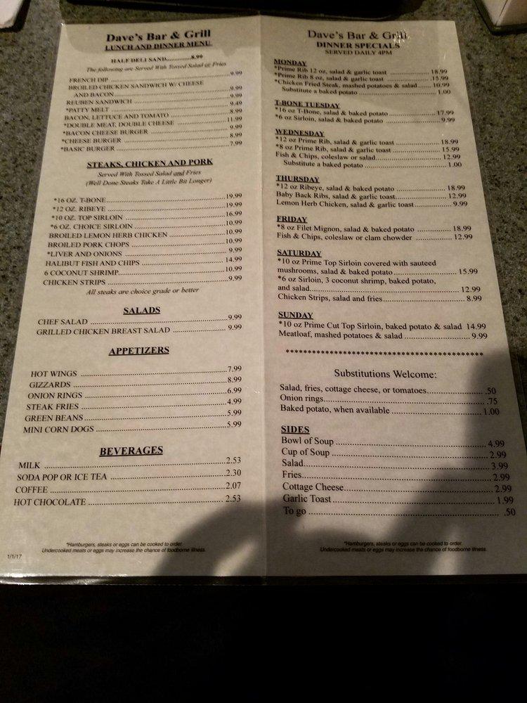 Menu at Dave's Bar and Grill, Spokane Valley