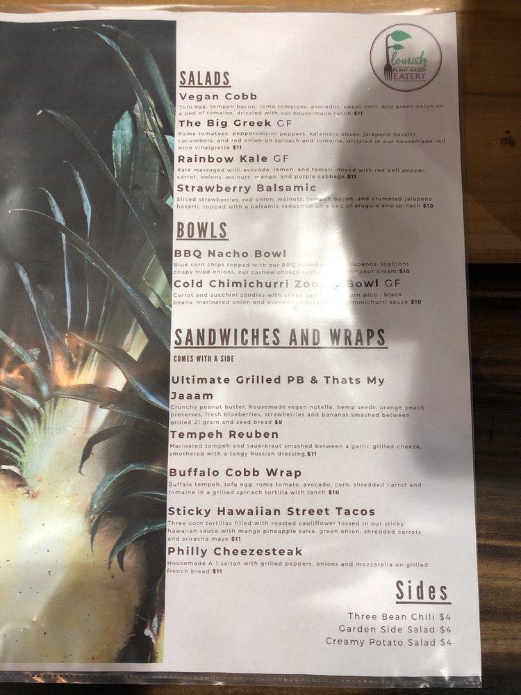 Menu at Flourish Plant-Based Eatery pub & bar, Evansville