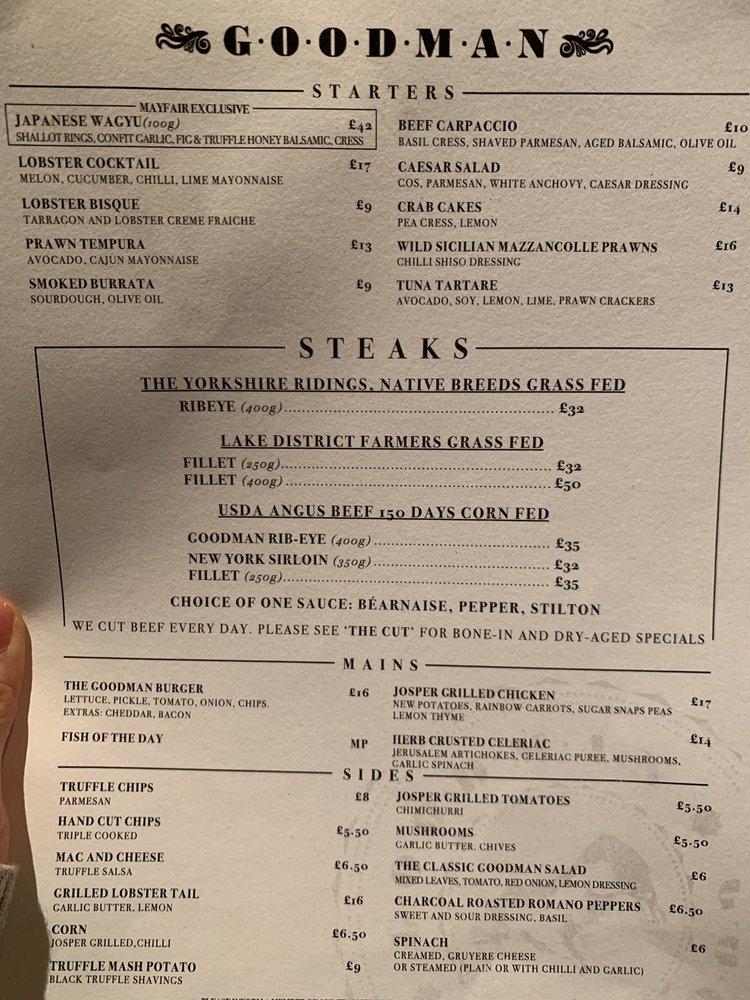 Carta de parrilla Goodman - Mayfair, Londres, 24-26 Maddox St