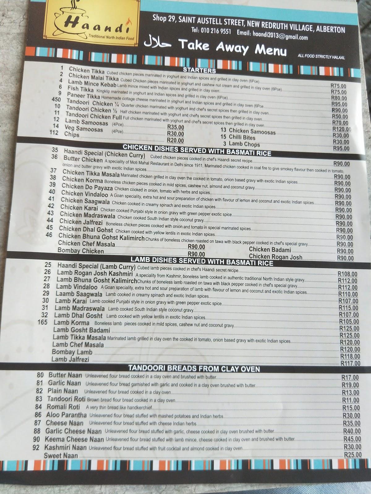 Menu at Haandi Alberton, New Redruth, St Austell St
