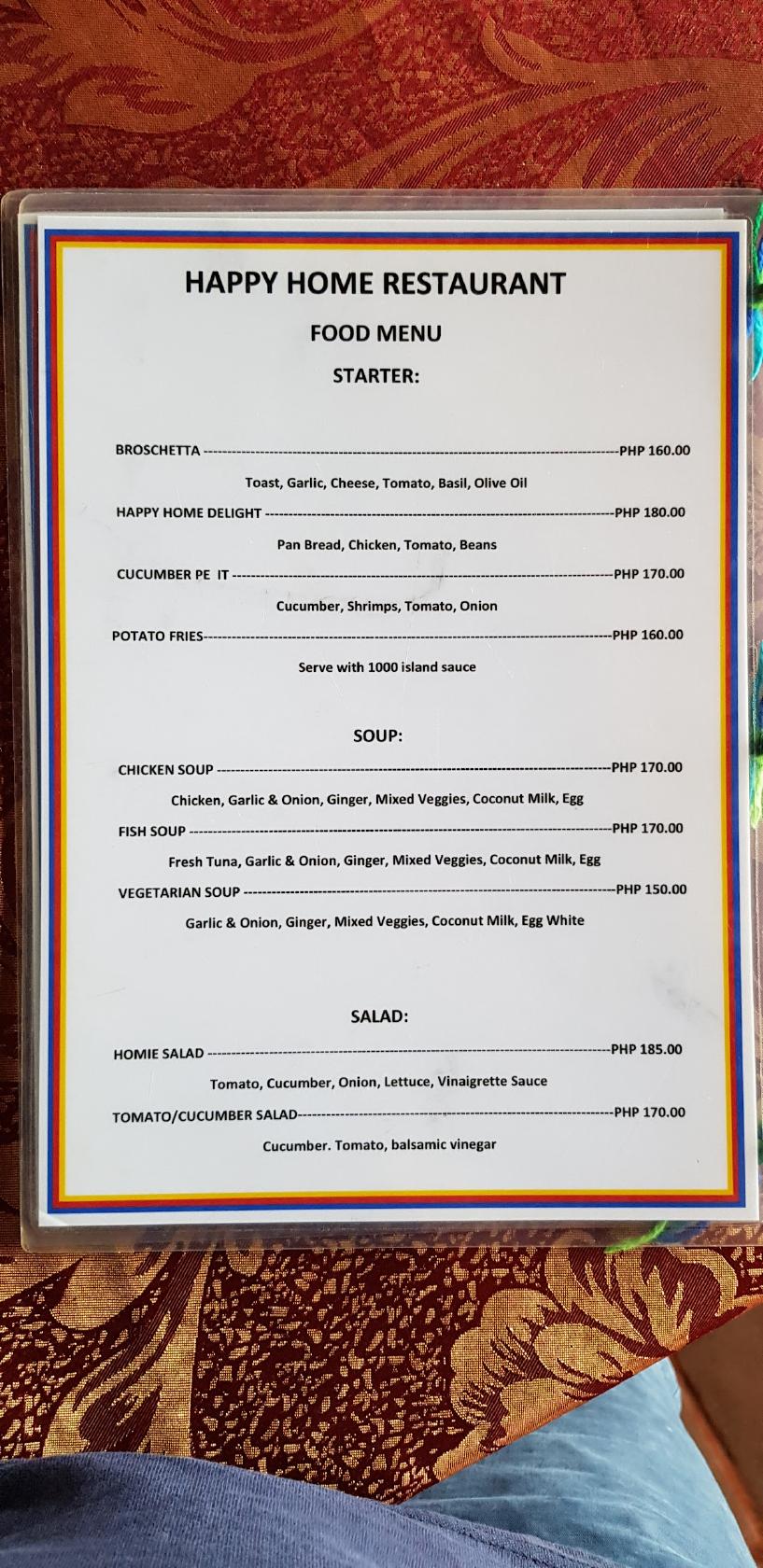 Menu at Happy Home Restaurant, El Nido, Barangay