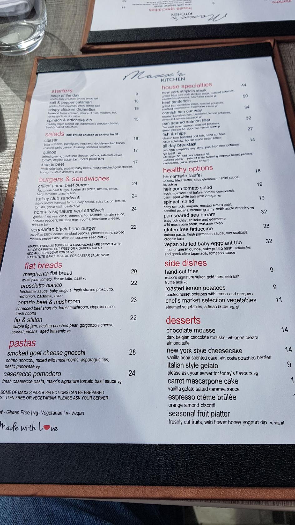 Menu at Maxx's Kitchen at Hotel X Toronto restaurant, Toronto