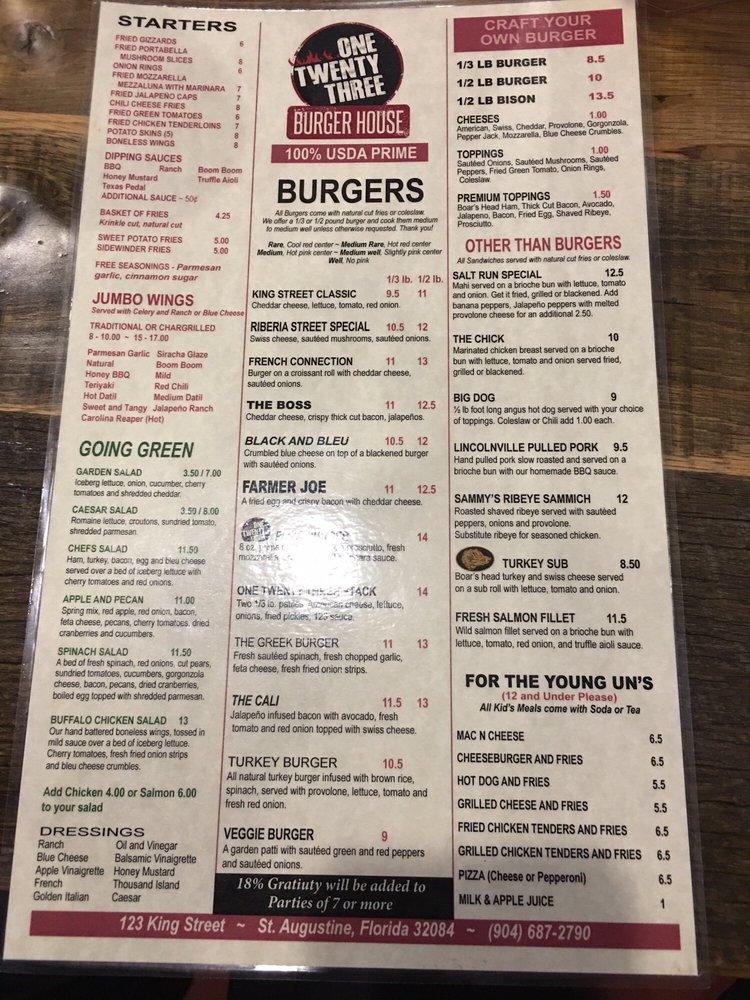 Menu at One Twenty Three Burger House restaurant, St. Augustine