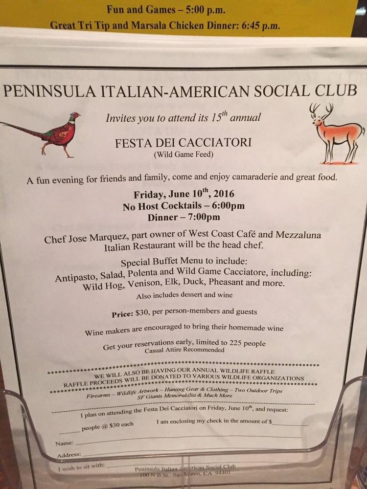 Menu at Peninsula Italian American Social Club, San Mateo