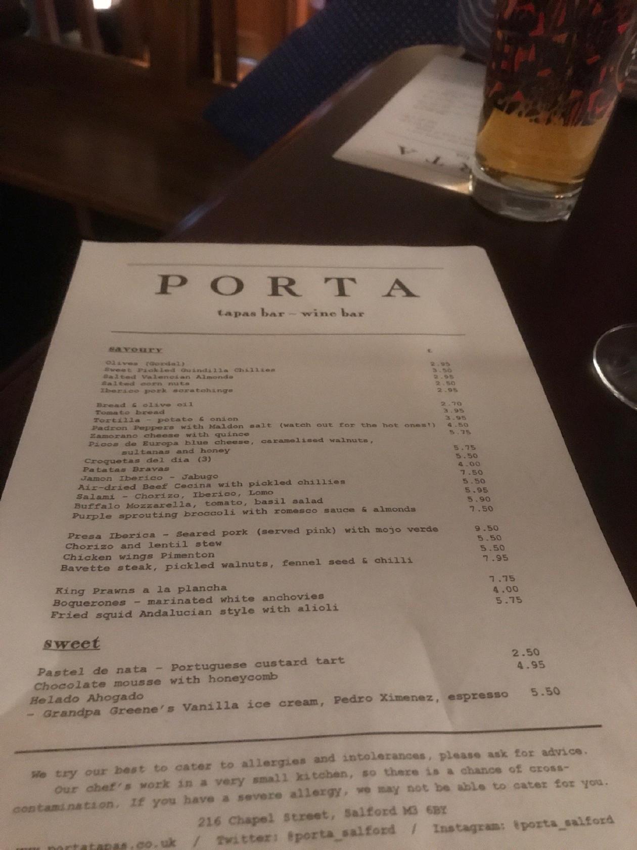 Menu at Porta Tapas Bar, Altrincham, 50 Greenwood St