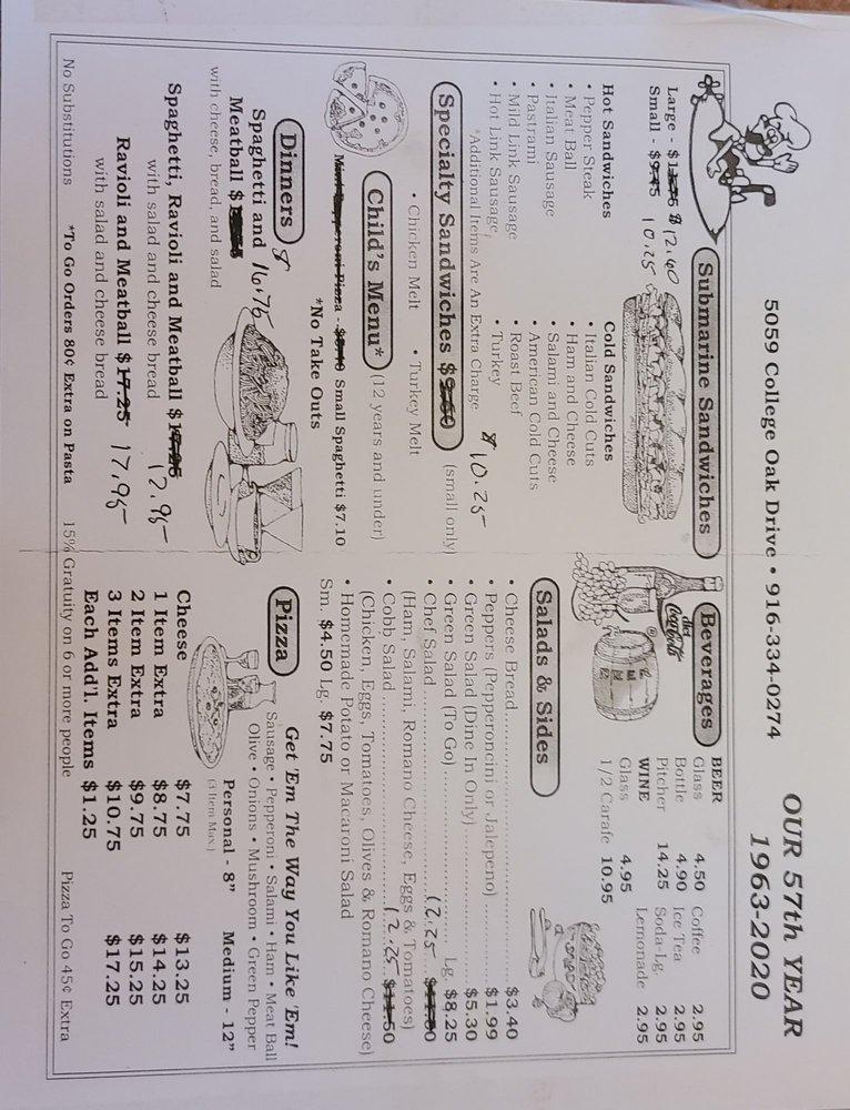 Menu at Tony Baloney's restaurant, Sacramento
