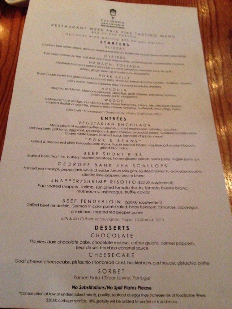 Menu at Bliss restaurant, San Antonio