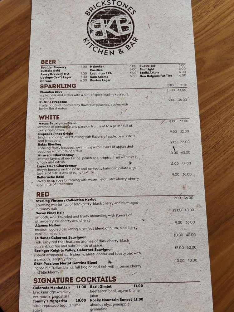 Carta de Brickstones Kitchen & Bar, Boulder