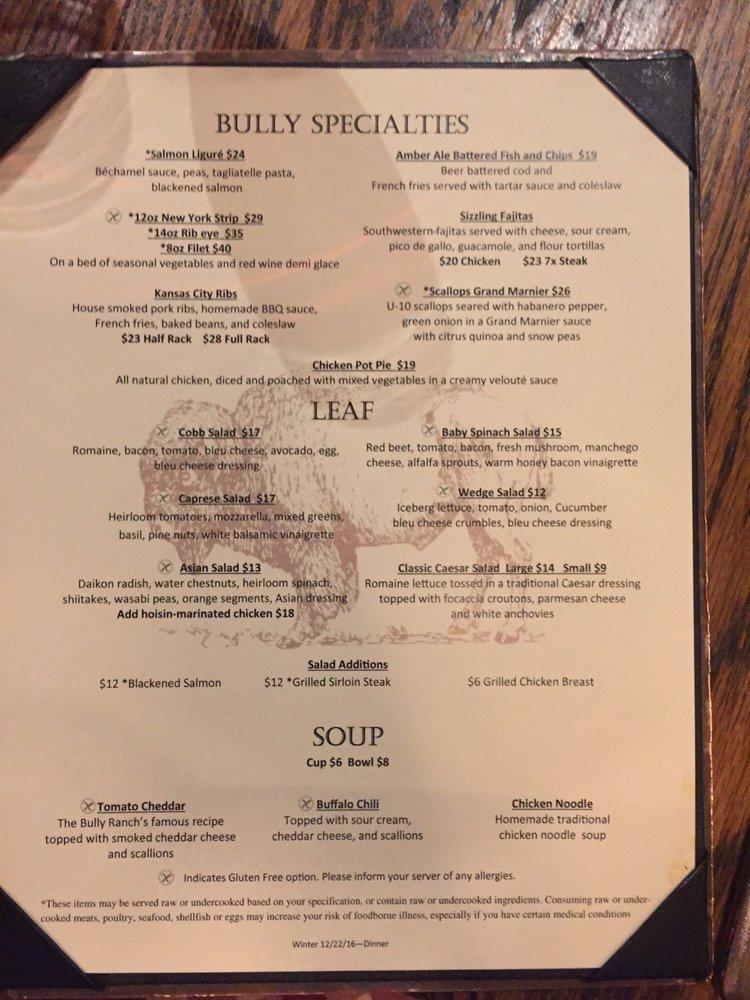 Menu at Bully Ranch Restaurant, Vail