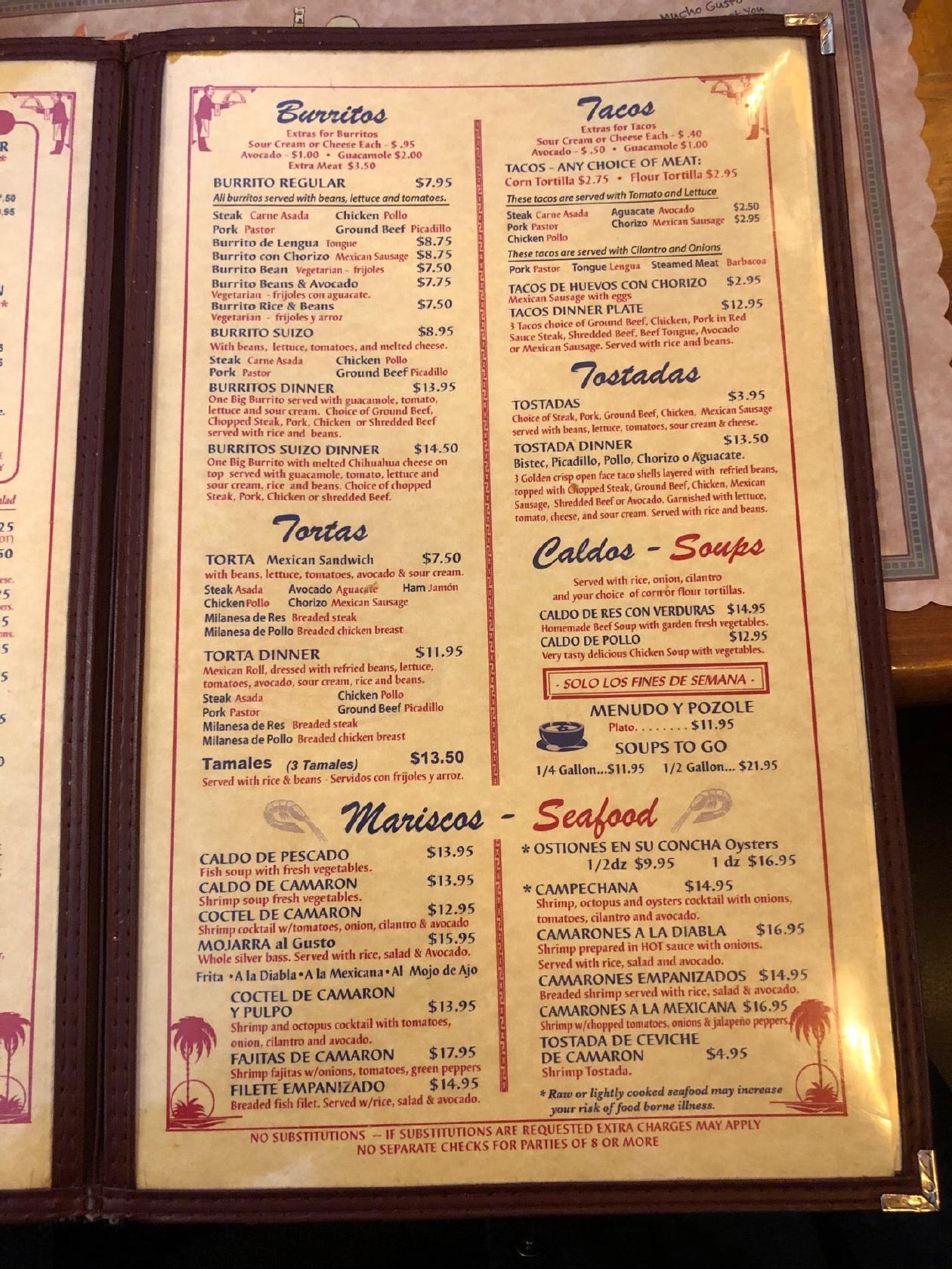 Menu at El Señorial Mexican restaurant, Milwaukee, S 31st St
