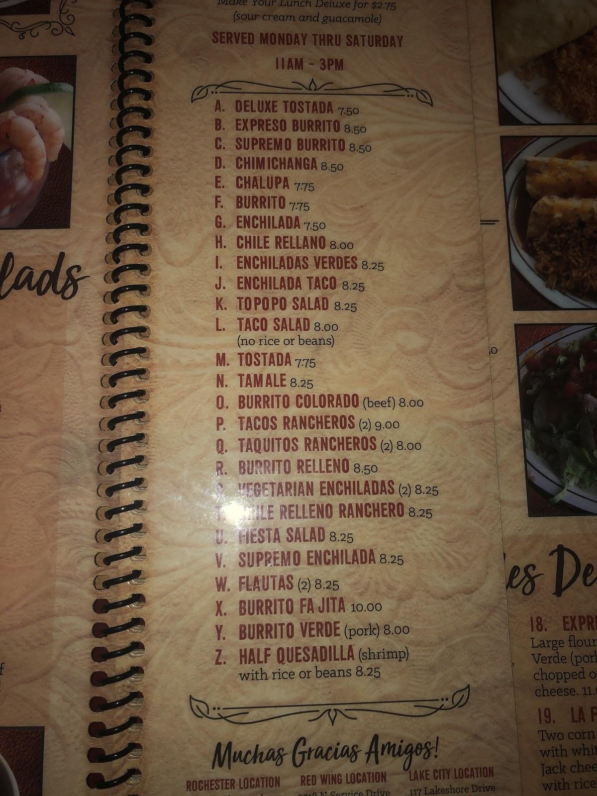 Menu at Fiesta Mexicana restaurant, Red Wing